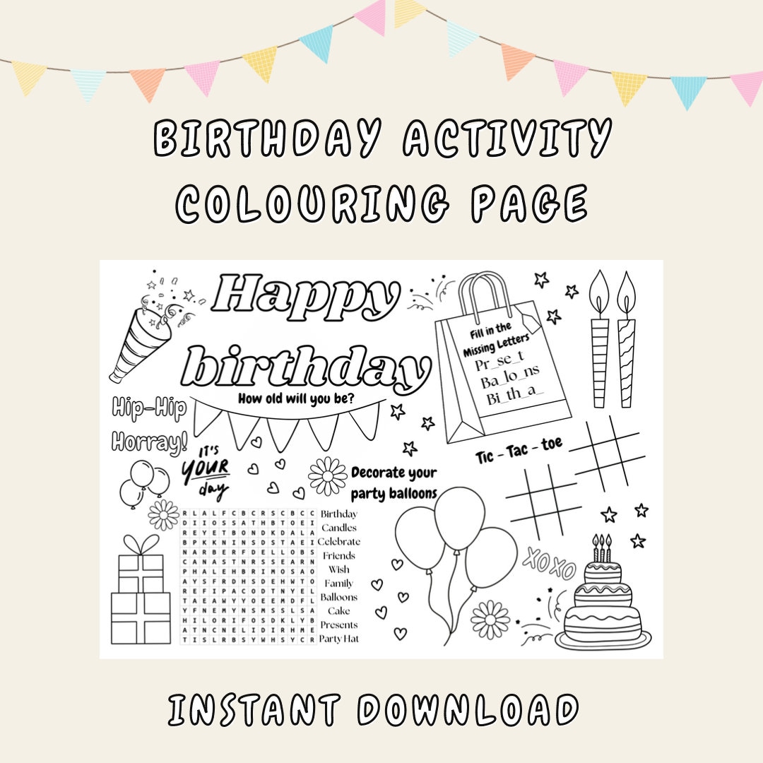 Digital Birthday Activity Colouring Page, Activity Mat for Children ...