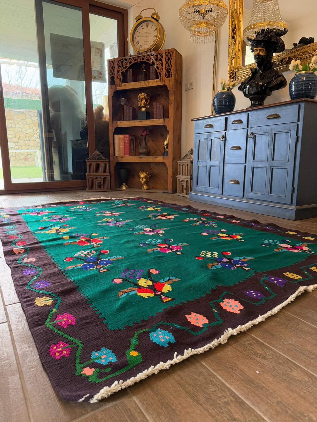 Vintage 1979 Handmade Turkish Kilim – Green Anatolian Wool Rug ...