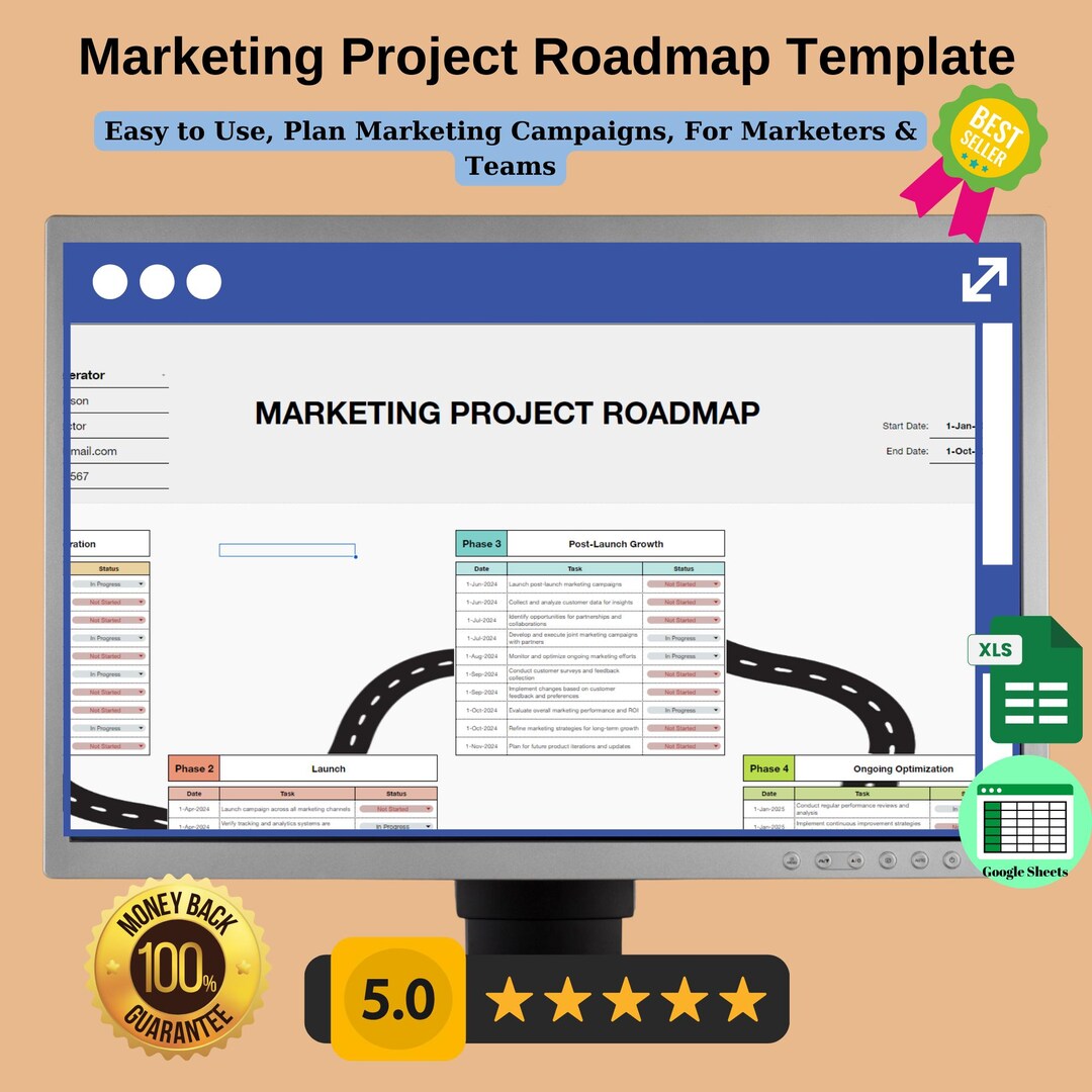 Marketing Project Roadmap Template: Editable Google Sheets (digital ...