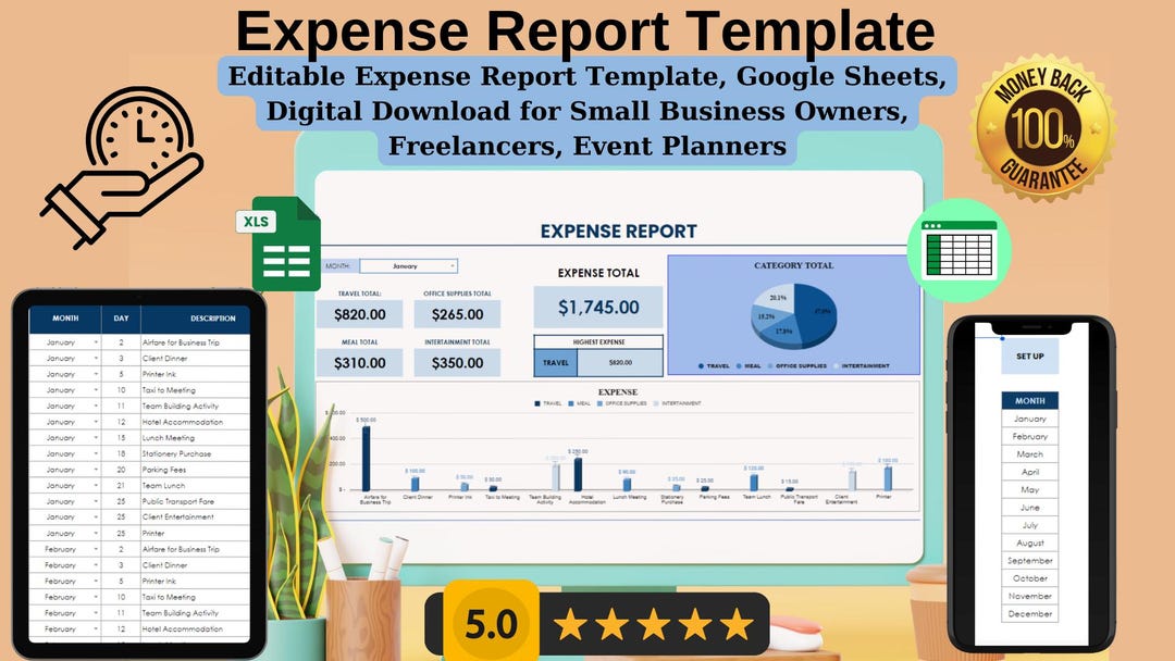 Expense Report Template | Editable, Easy-to-use Google Sheets | Digital ...