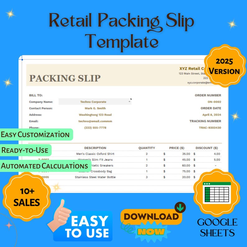 Retail Packing Slip Template, Printable Order Invoice, Google Sheets ...