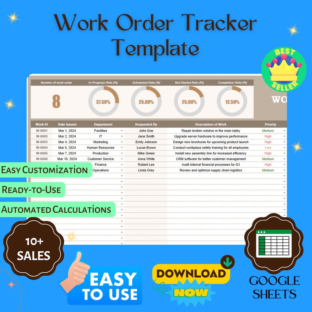 Work Order Tracker Template, Editable Google Sheets, Job Assignment and ...