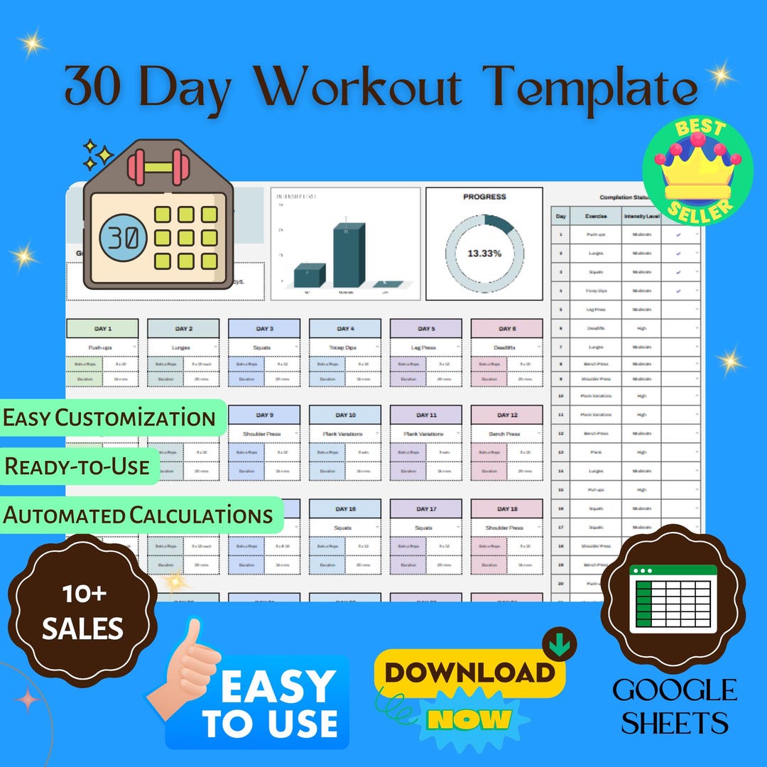 30 Day Workout Template, Editable Google Sheets, Digital Download for ...