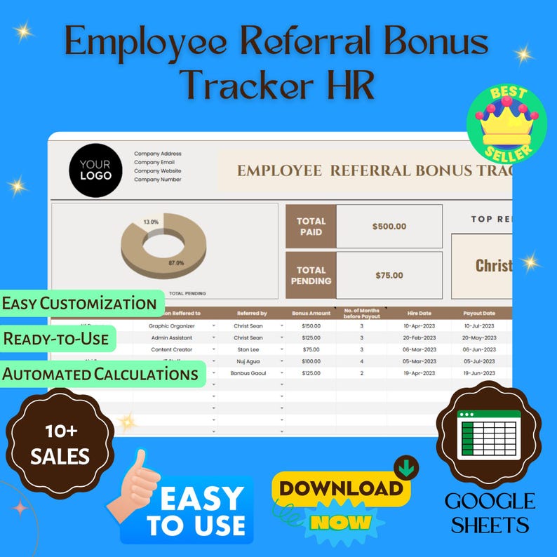 Employee Referral Bonus Tracker Template, Editable Google Sheets, HR ...