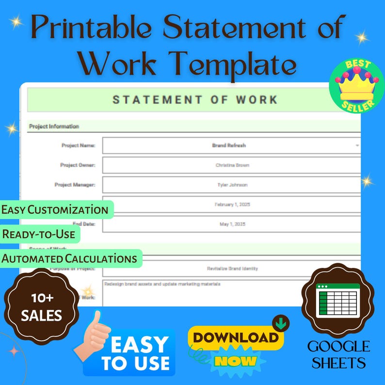 Printable Statement of Work Template, Editable Digital Download for ...