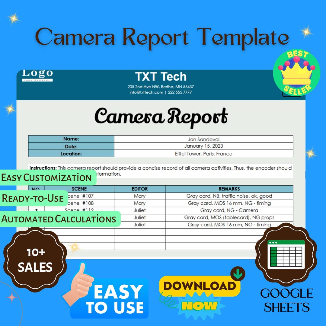 Camera Report Template, Editable Google Sheets, Digital Download for Film Production & Media ...