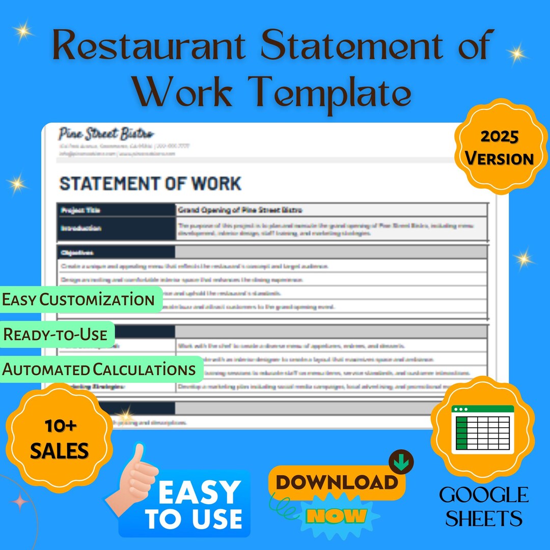 Restaurant Statement of Work Template: SOW Agreement (google Sheets) - Etsy