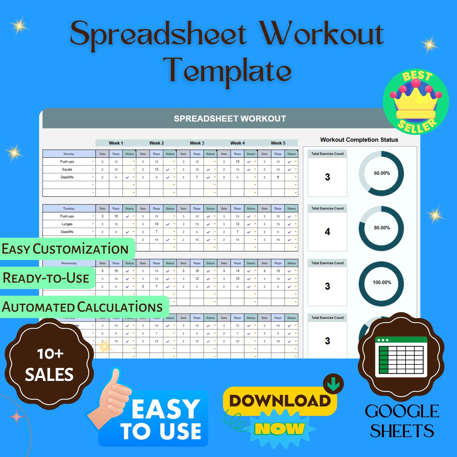 Spreadsheet Workout Template, Editable Google Sheets, Digital Download ...