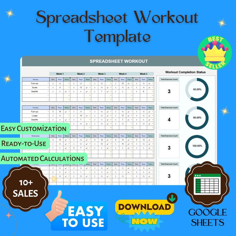 Spreadsheet Workout Template, Editable Google Sheets, Digital Download ...