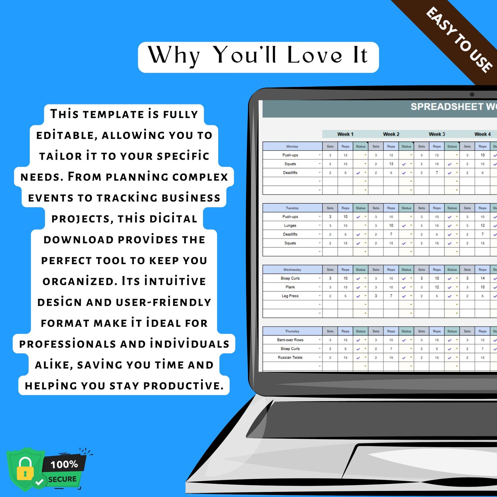 Spreadsheet Workout Template, Editable Google Sheets, Digital Download ...