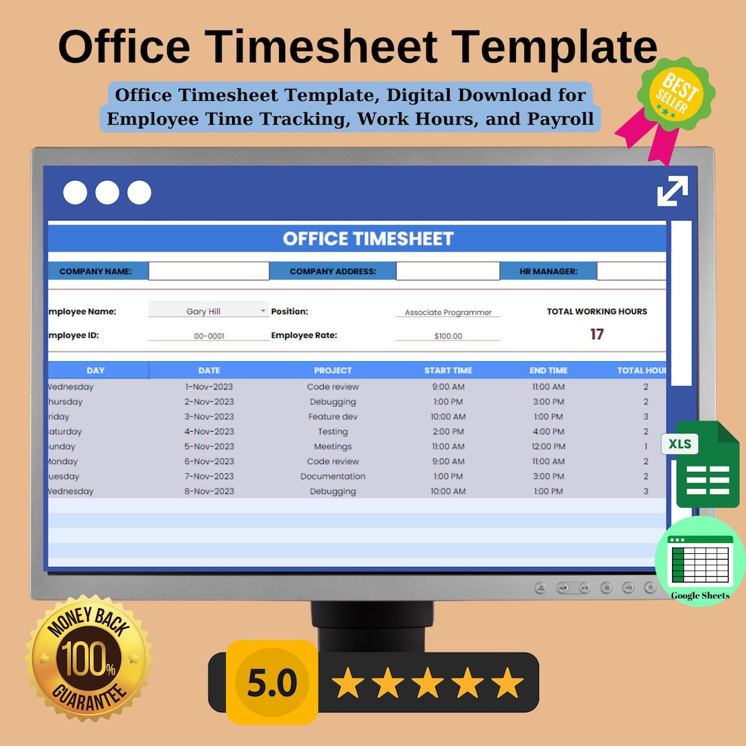 Office Timesheet Template, Editable Google Sheets, Easy-to-use, Digital ...