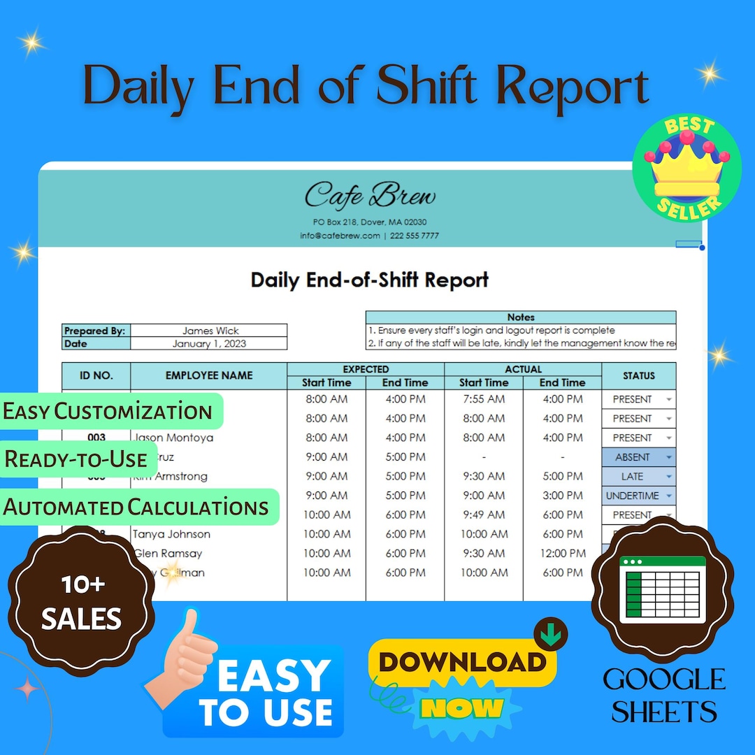 Daily End of Shift Report Template, Editable Google Sheets, Digital Download for Shift Reporting ...