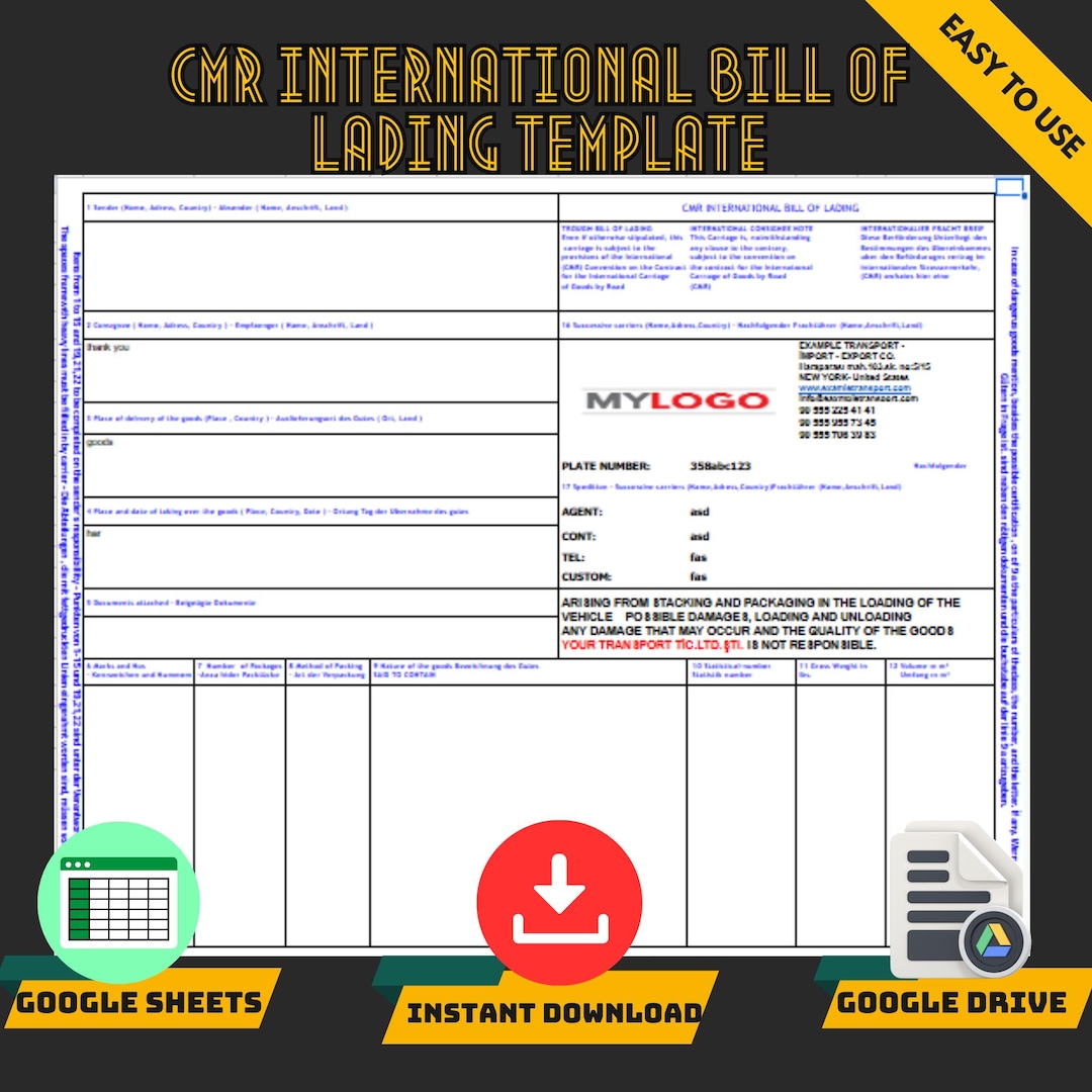 CMR International Bill of Lading Template, Google Sheets Freight Document, Digital Download ...