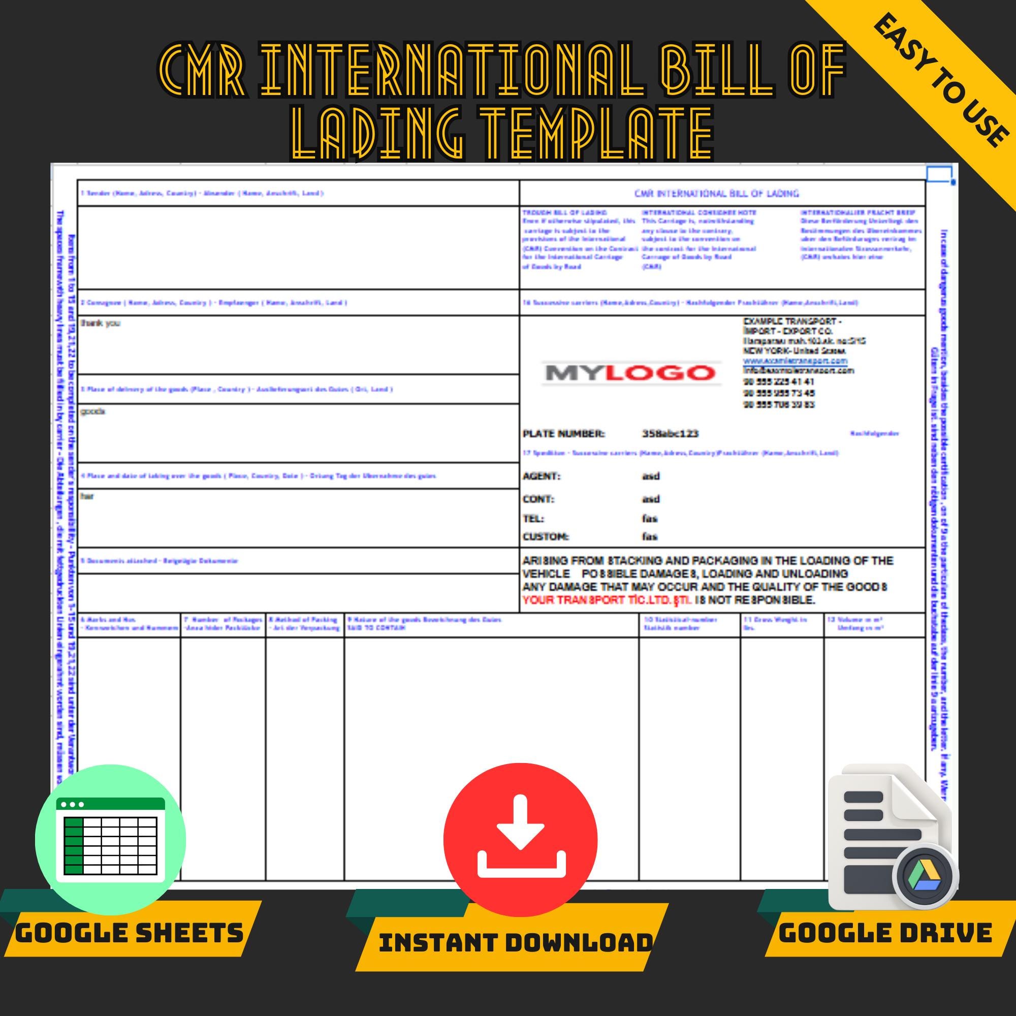 CMR International Bill of Lading Template, Google Sheets Freight ...