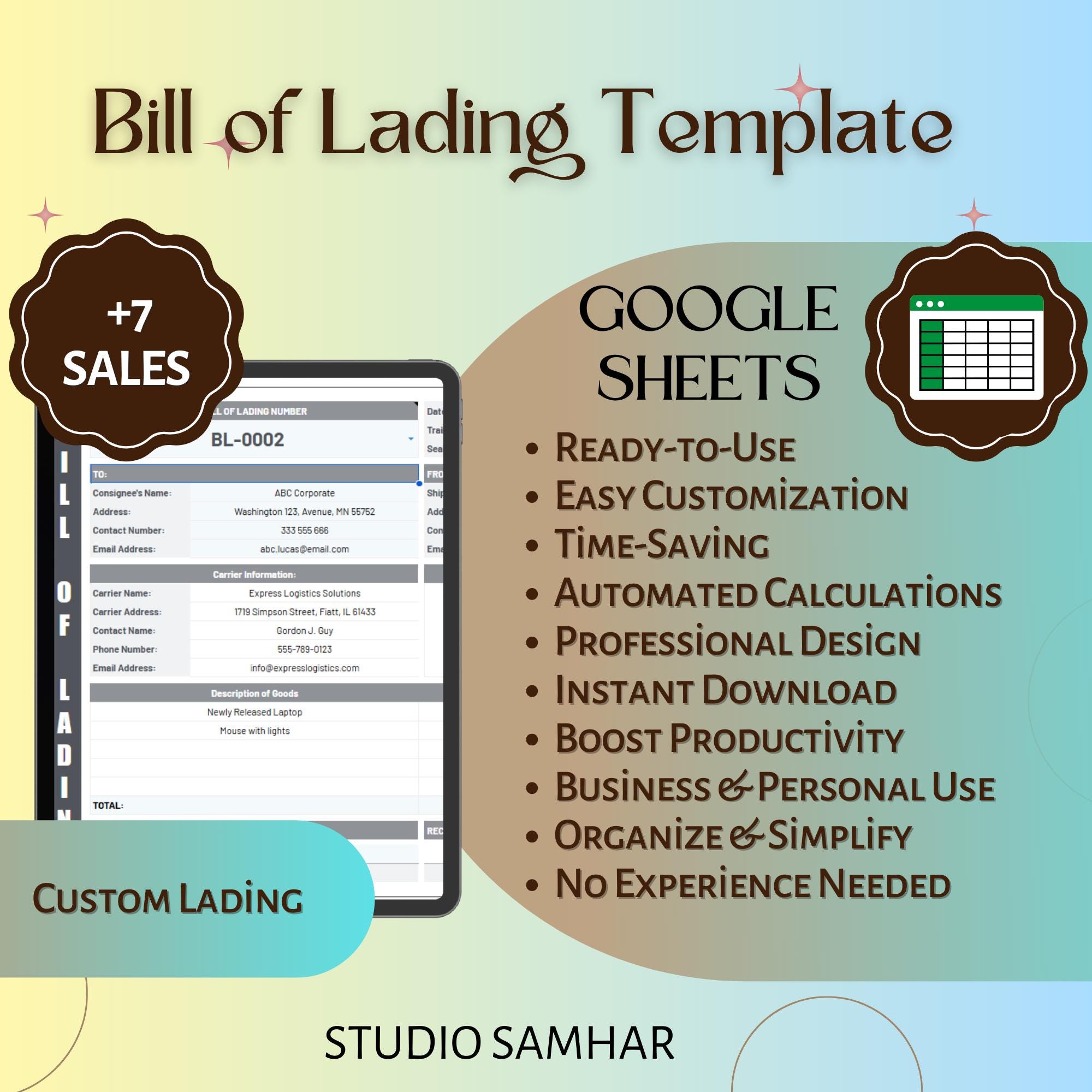 Bill of Lading Template Google Sheets Shipping Document Freight Bill ...
