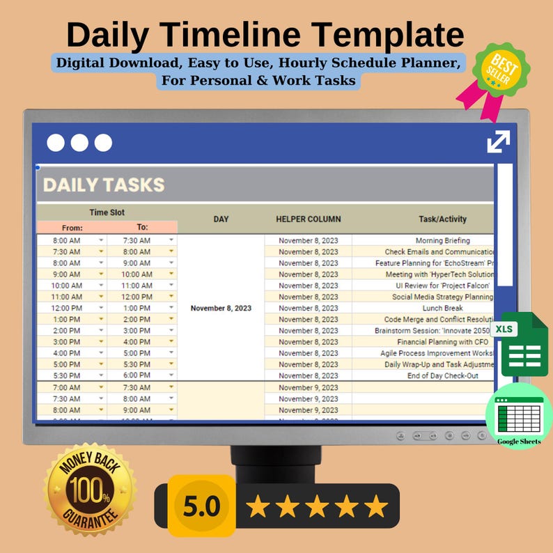 Daily Timeline Template, Editable Google Sheets Template, Digital ...
