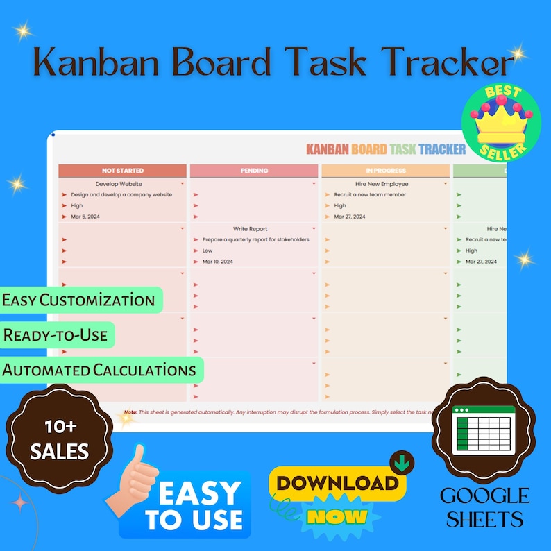 Kanban Board Task Tracker Template, Editable Google Sheets, Project Management Tool for Task ...