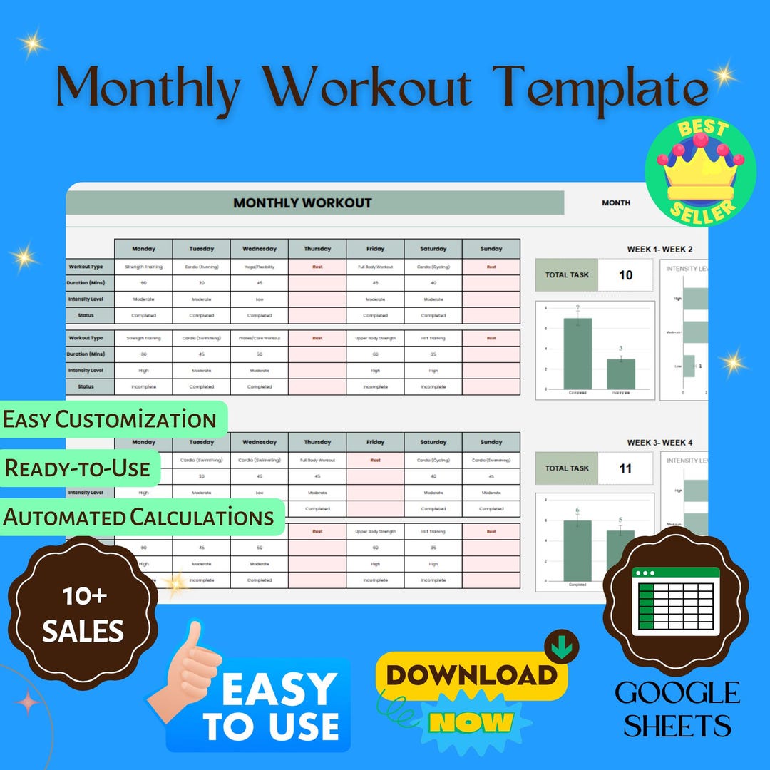 Monthly Workout Template, Editable Google Sheets, Digital Download for ...