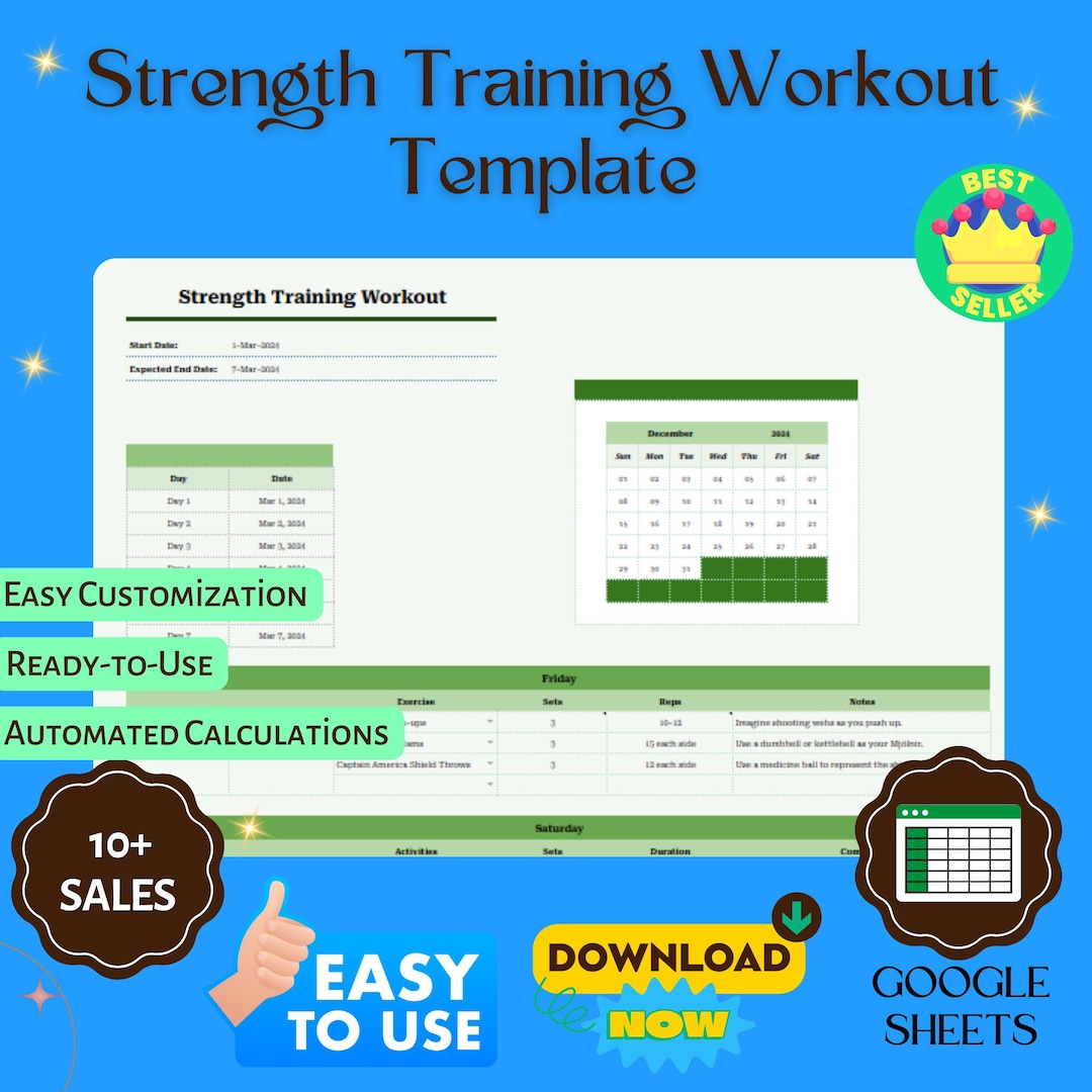 Strength Training Workout Template, Editable Google Sheets, Digital ...