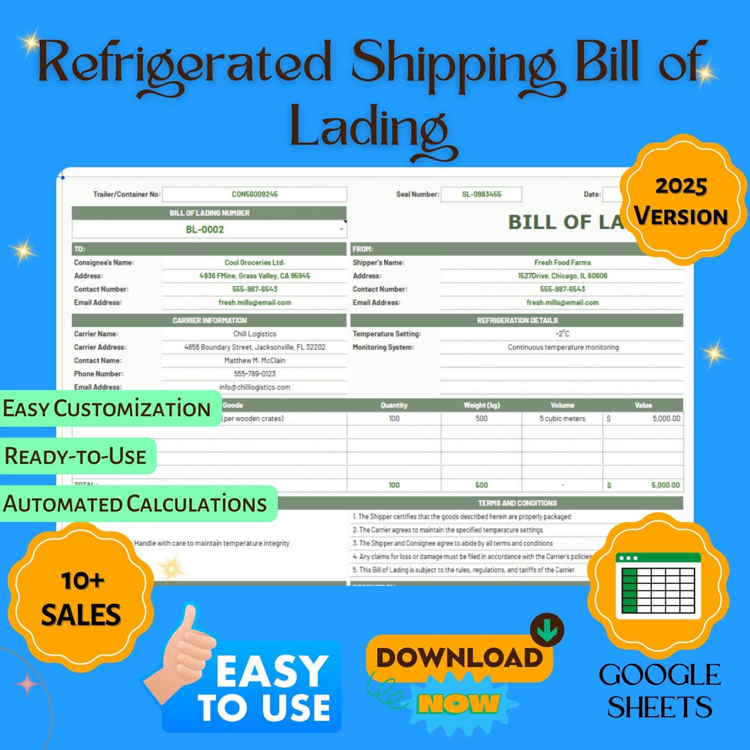 Refrigerated Shipping Bill of Lading Template: Cold Chain BOL (google ...