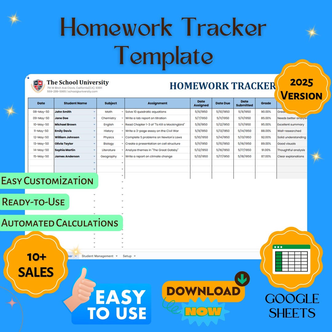 Homework Tracker Template, Editable Google Sheets Digital Download ...