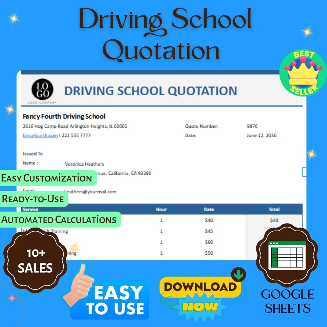 Driving School Quotation Template, Google Sheets, Digital Download for ...