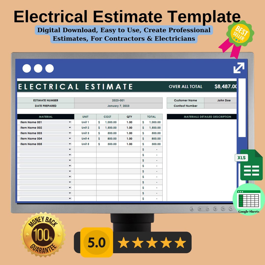 Electrical Estimate Template, Editable Google Sheets Template, Digital ...