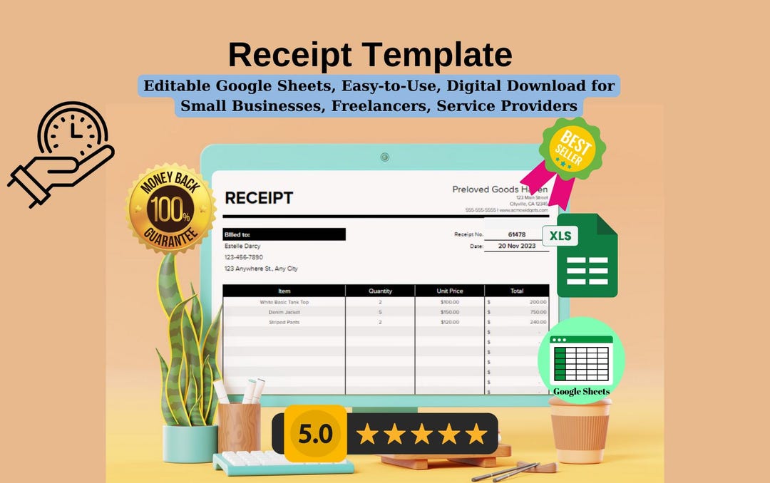 Receipt Template, Editable Google Sheets, Easy-to-use, Digital Download ...