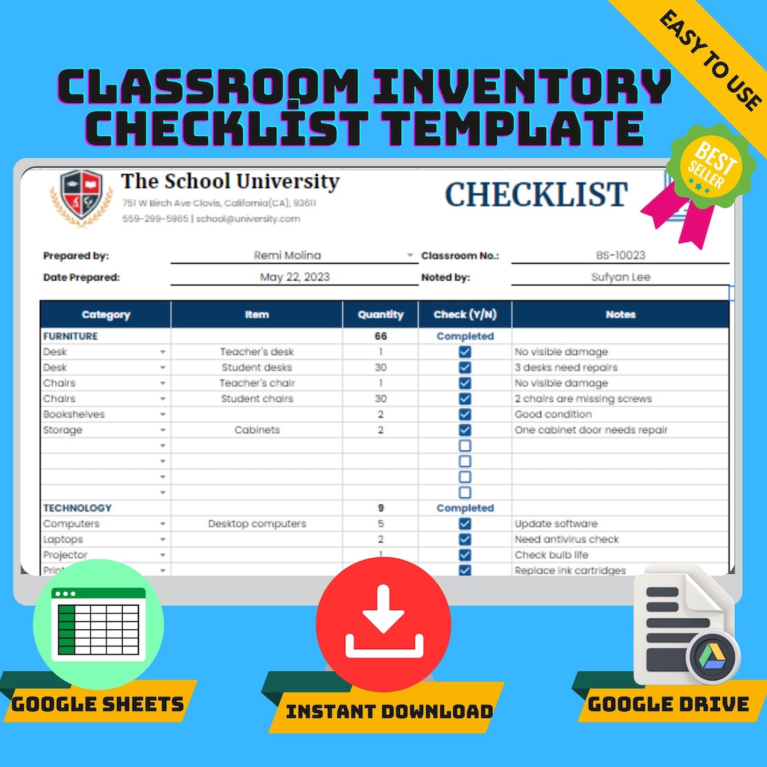 Classroom Inventory Checklist Template: Editable Google Sheets (digital ...