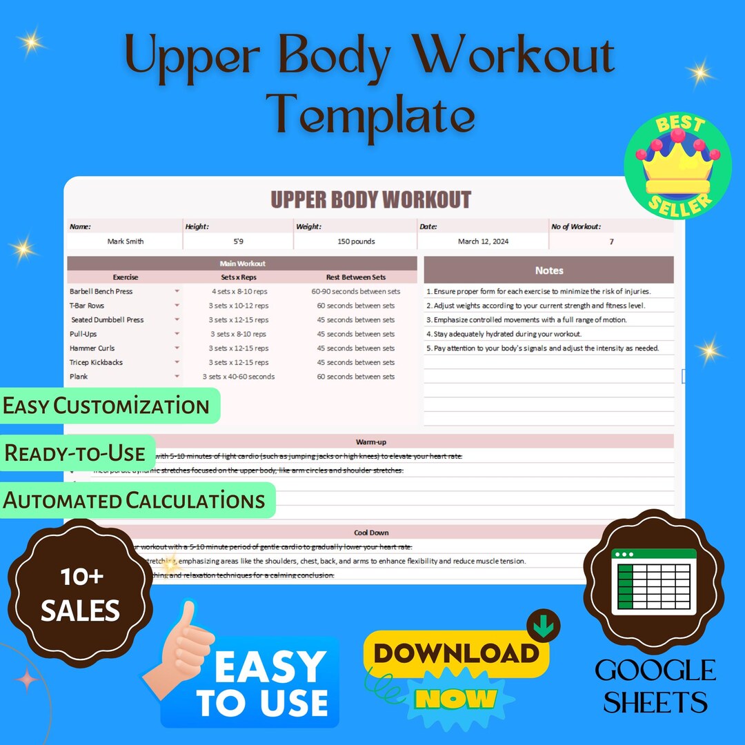 Upper Body Workout Template, Editable Google Sheets, Digital Download ...