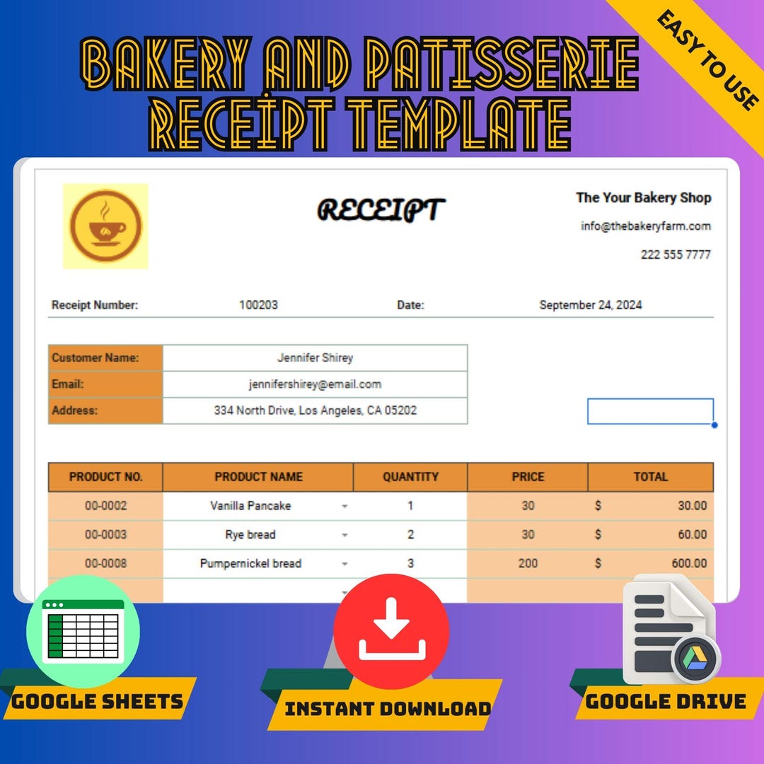 Editable Bakery & Patisserie Receipt Template, Google Sheets Invoice ...