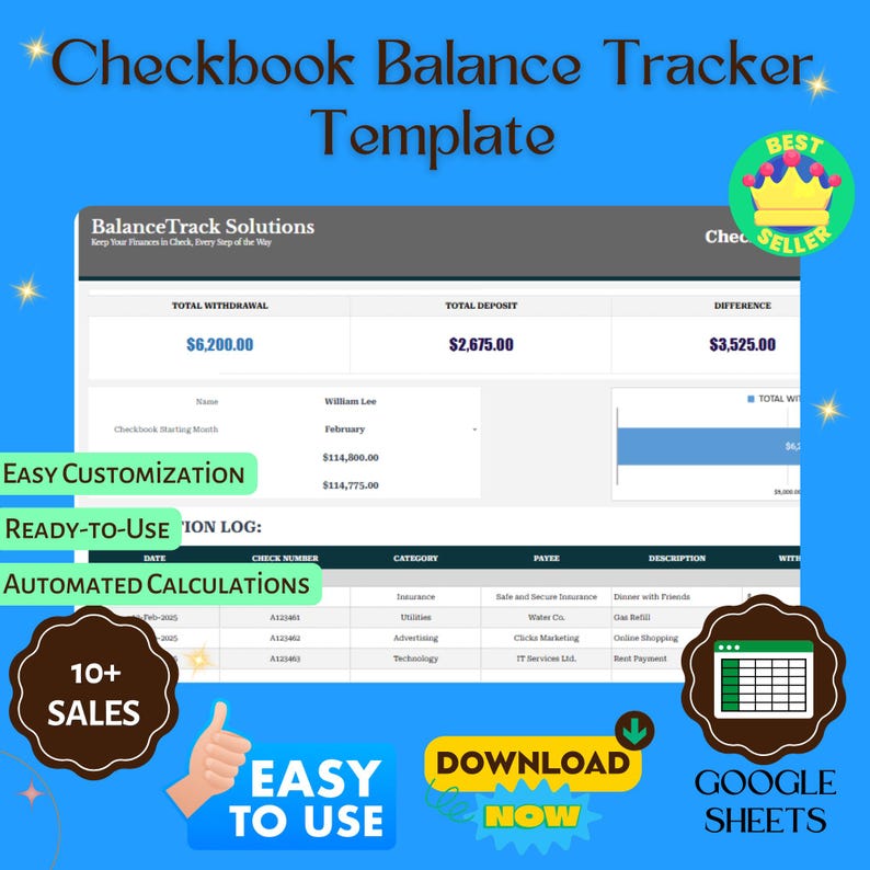Checkbook Balance Tracker Template, Editable Google Sheets, Digital ...