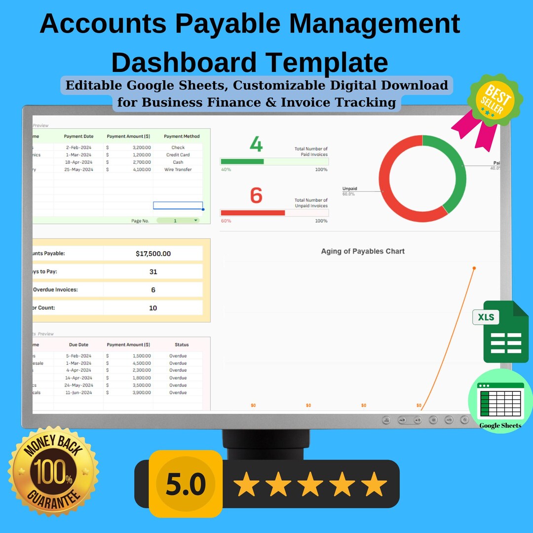 Accounts Payable Management Dashboard Template Editable Google Sheets, Customizable Digital ...
