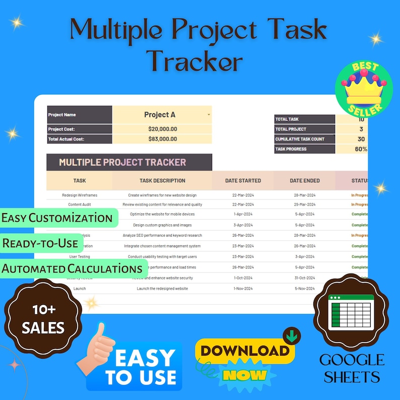 Multiple Project Task Tracker Template, Editable Google Sheets, Project ...