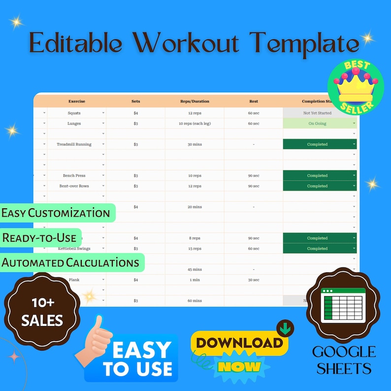 Editable Workout Template, Customizable Google Sheets, Digital Fitness Planner for Exercise and ...