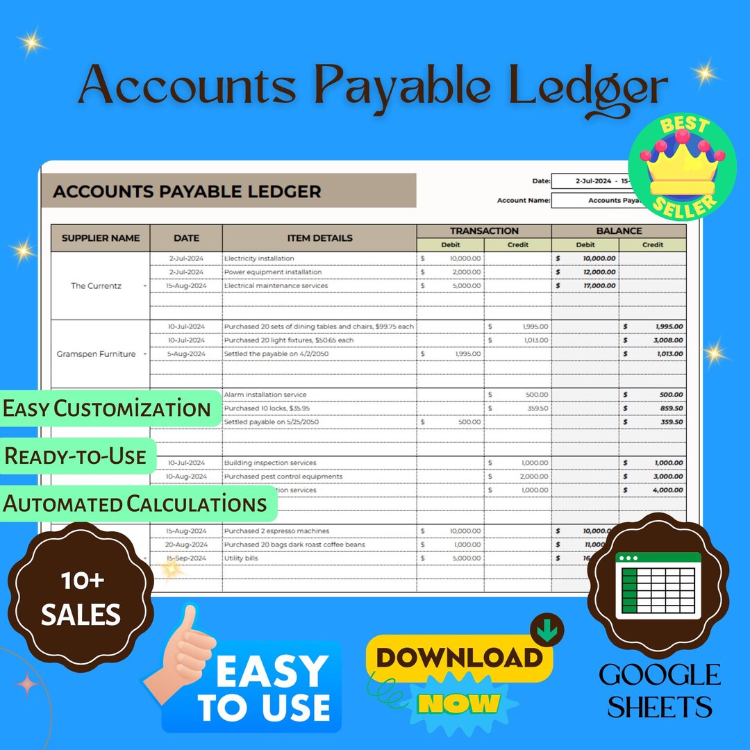 Accounts Payable Ledger Template, Editable Google Sheets, Digital ...