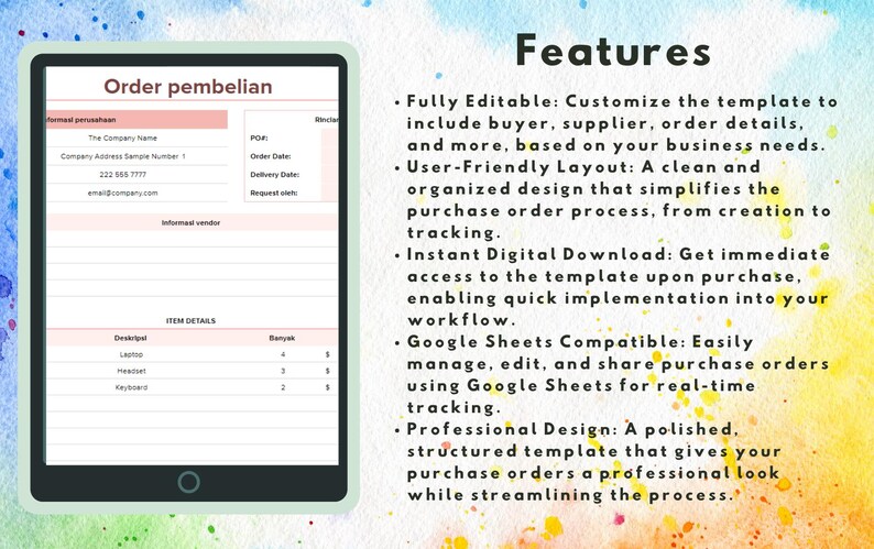 Editable Purchase Order Template, Digital Download for Small Business ...