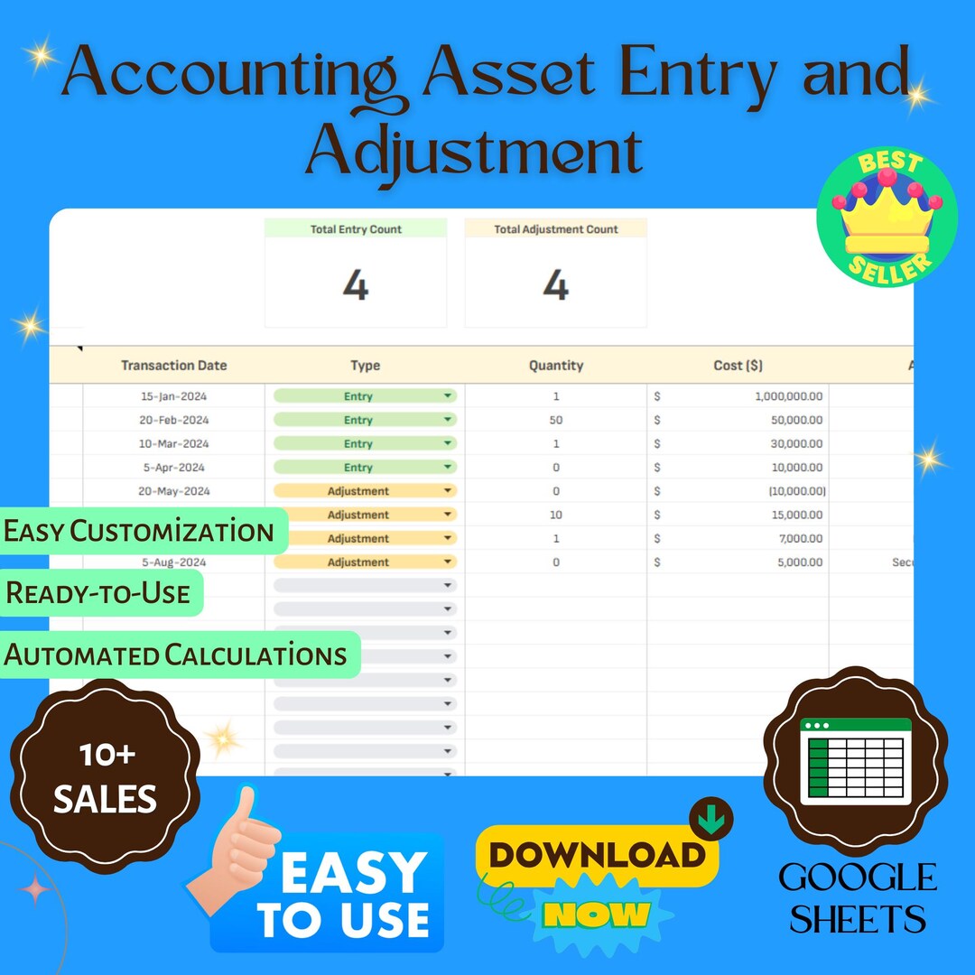 Accounting Asset Entry and Adjustment Template, Editable Google Sheets ...