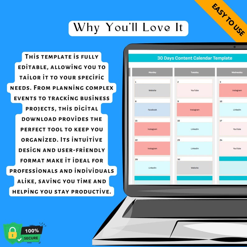 30 Days Content Calendar Template, Monthly Social Media Planner, Google ...