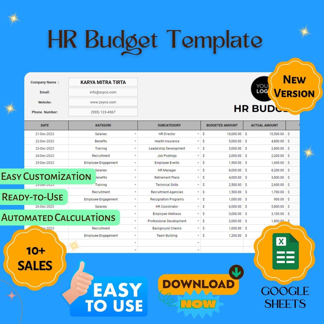 HR Budget Template Editable Google Sheets, Small Business HR Planning ...