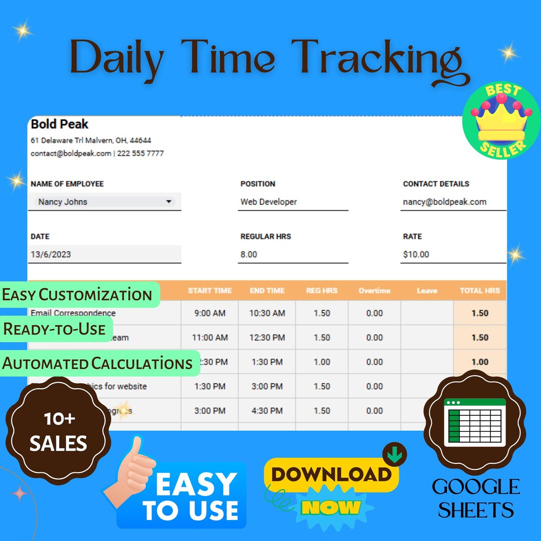 Daily Time Tracking Template, Google Sheets, Digital Download for Task ...