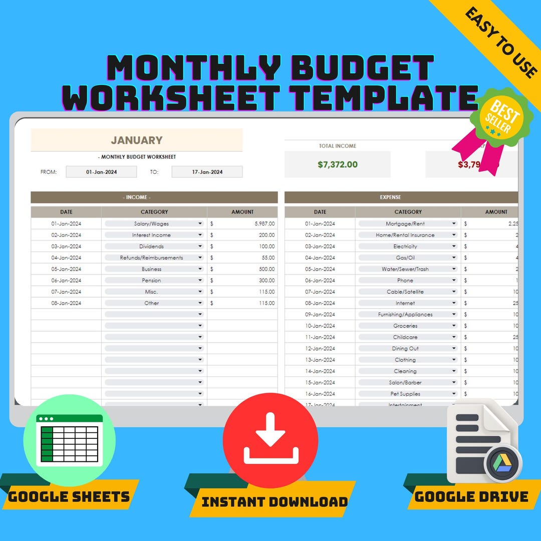 Monthly Budget Worksheet Template, Editable Google Sheets, Digital ...