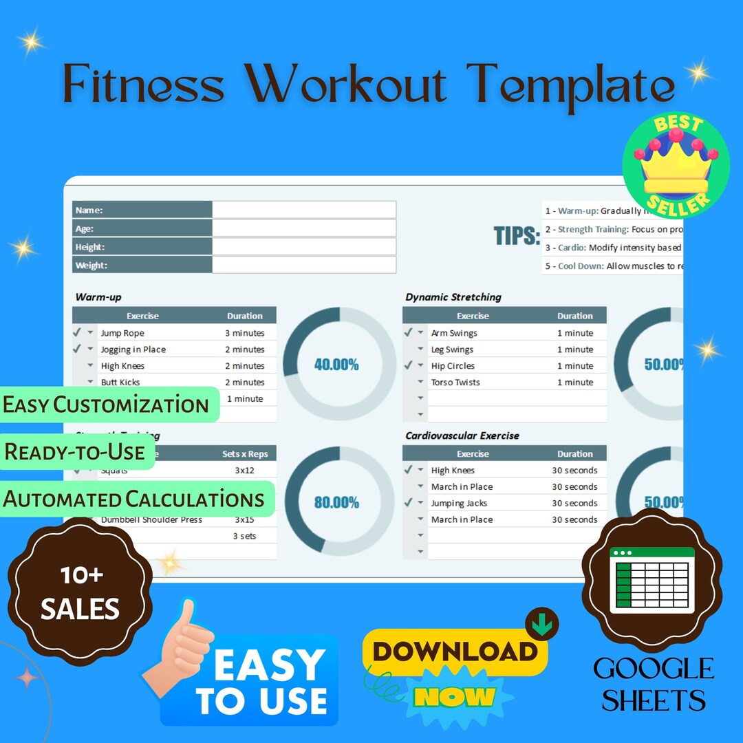 Fitness Workout Template, Editable Google Sheets, Digital Download for ...