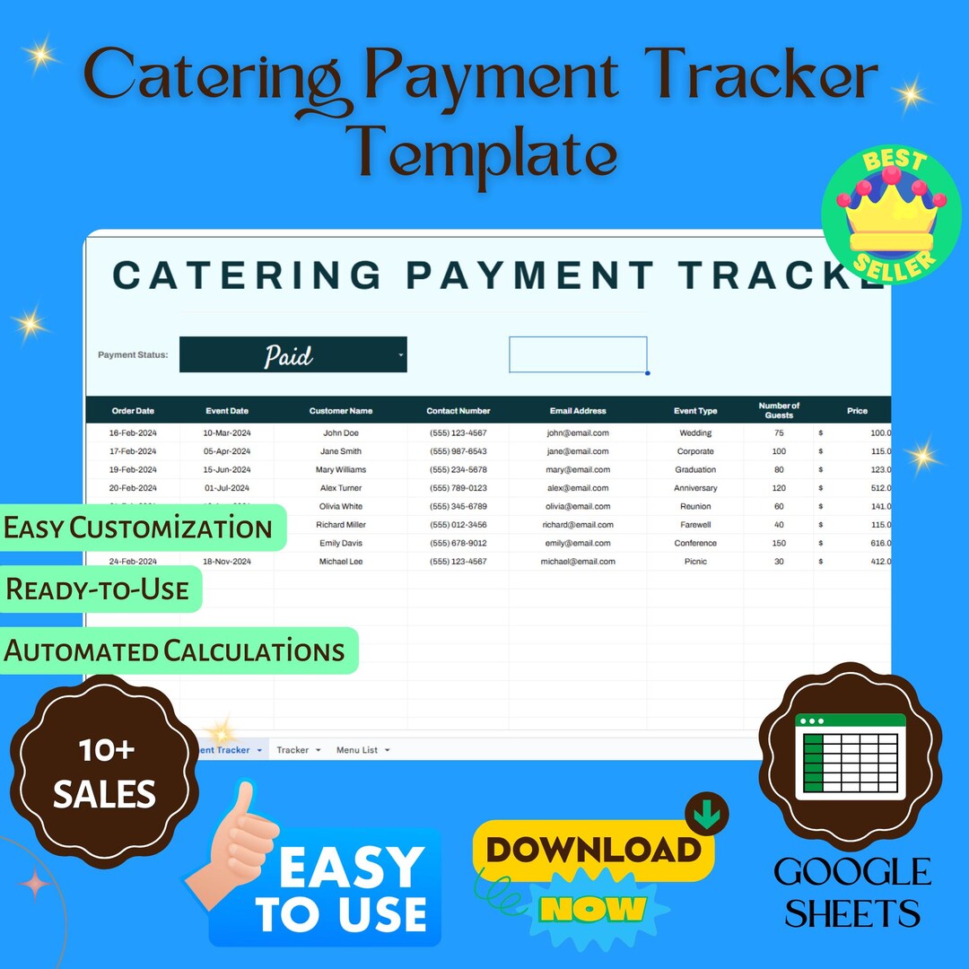 Catering Payment Tracker Template, Google Sheets, Event Payment Log ...
