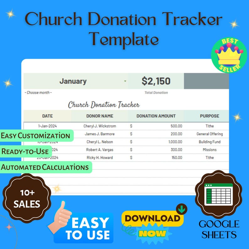 Church Donation Tracker Template, Editable Google Sheets, Tithes and ...