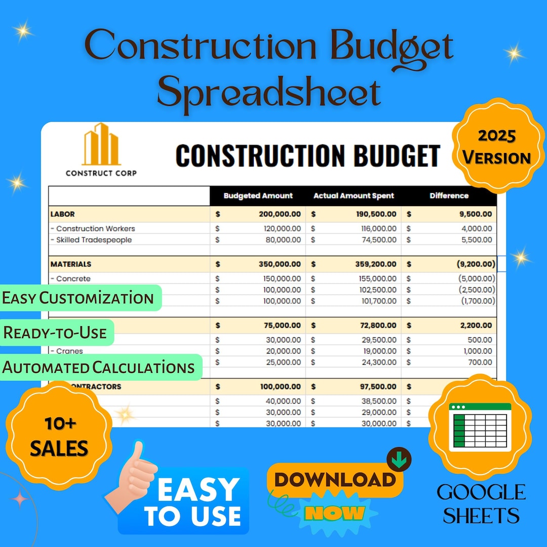 Construction Budget Spreadsheet, Editable Google Sheets Digital ...