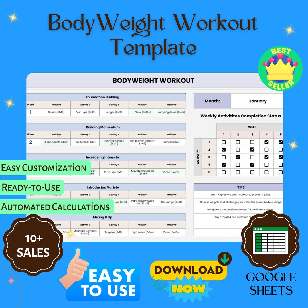 Bodyweight Workout Template, Editable Google Sheets, Digital Download ...