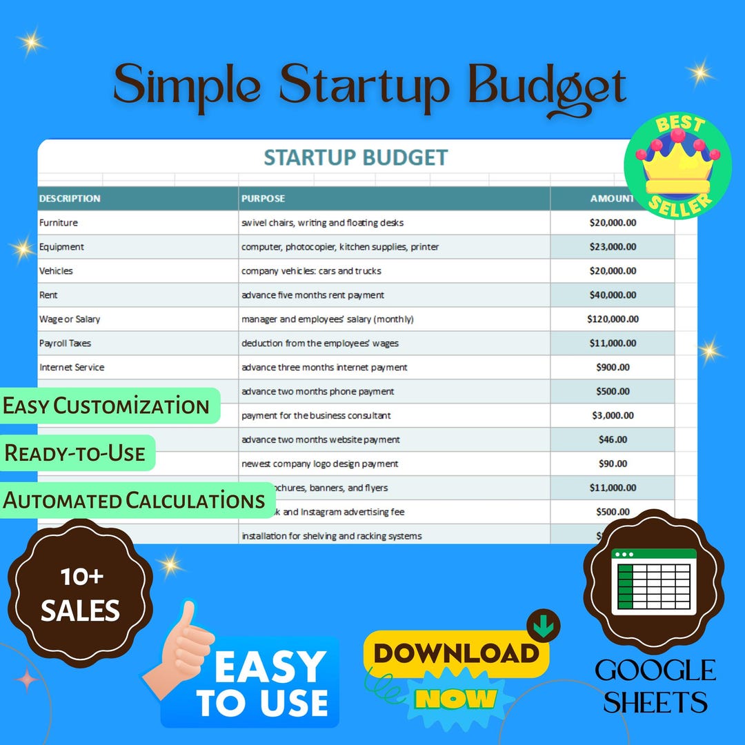 Simple Startup Budget Template, Google Sheets, Digital Download for ...