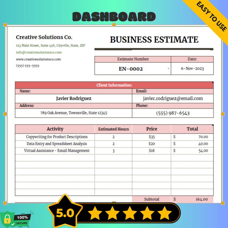 Business Estimate Template Google Sheets, Quote Form Editable Digital ...