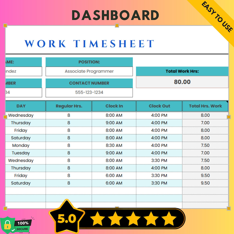 Work Timesheet Template, Google Sheets Time Tracker, Digital Download ...